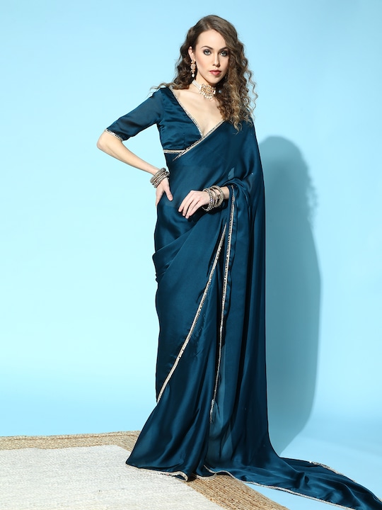 Solid Saree with Embellished Border - Flatshop