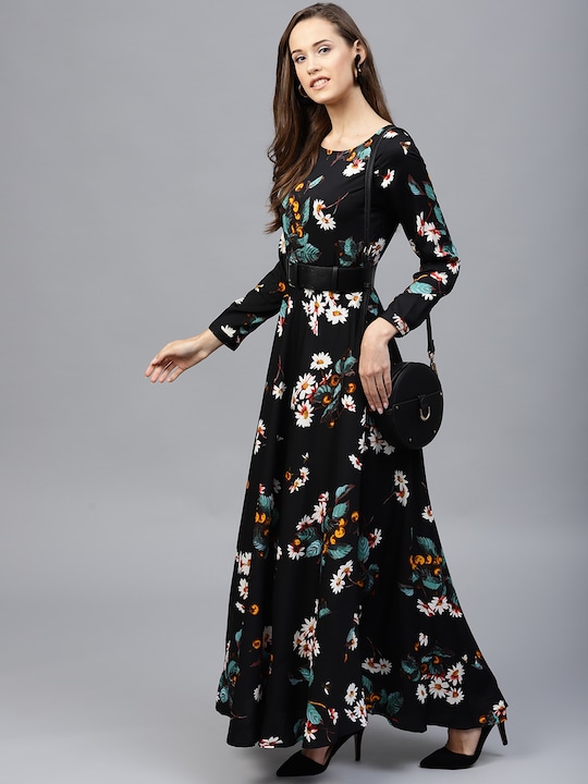 Black Floral Print Flared Maxi Dress With A Belt Flatshop